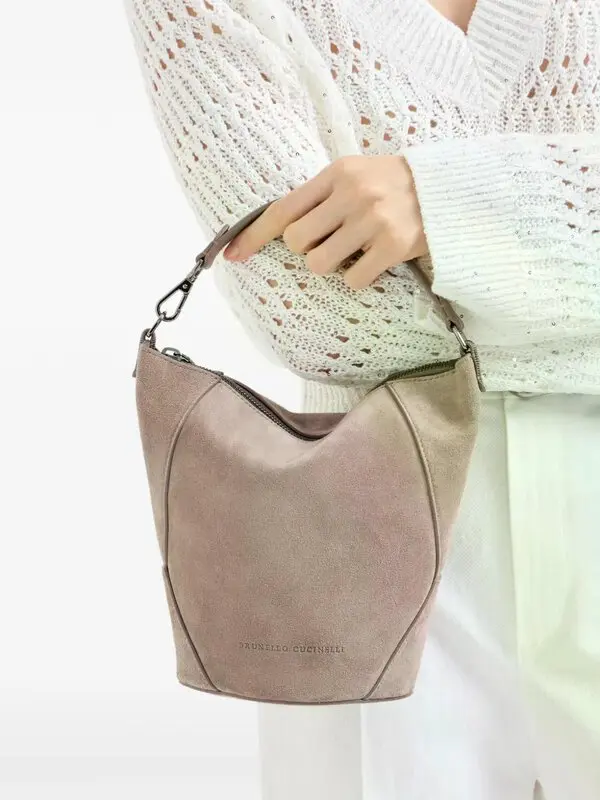 Brunello Cucinelli Suede Bucket Bag With Monili Embellishment - Brown