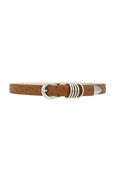 DEHANCHE Hollyhock Ostrich Embossed Leather Belt With Silver Hardware - Camel