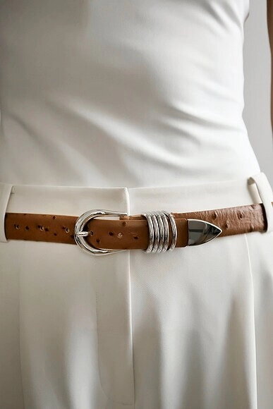 DEHANCHE Hollyhock Ostrich Embossed Leather Belt With Silver Hardware - Camel