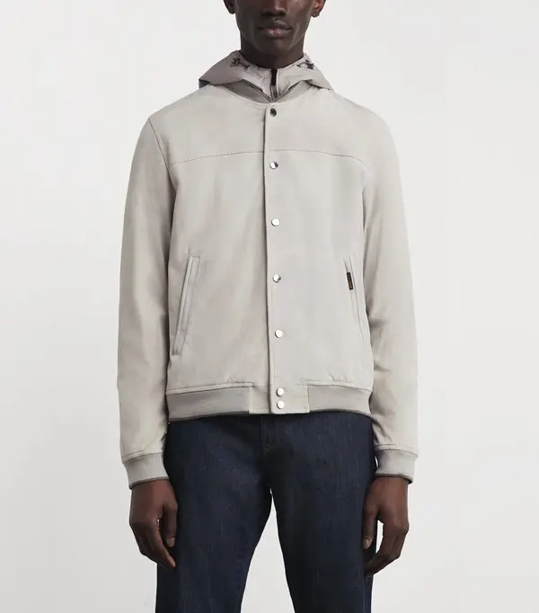 MOORER Suede Hybrid Bomber Jacket With Detachable Hood - Beige