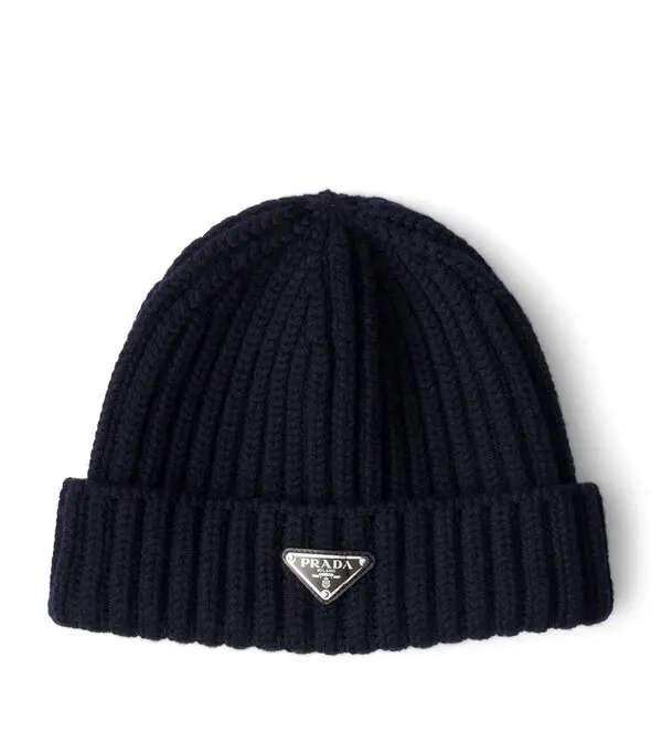 Prada Ribbed Wool Beanie - Blue