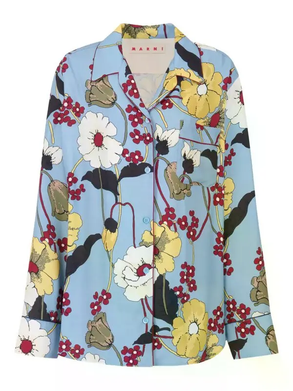 Marni Floral-print Long-sleeve Satin Shirt - Blue