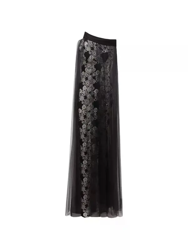 GEMY MAALOUF Asymmetric Tulle Overlay Embroidered Maxi Dress - Black