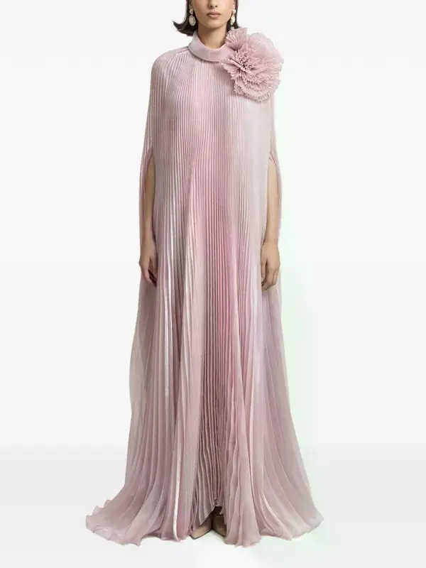 GEMY MAALOUF Pleated Maxi Dress With Flower Detail - Pink