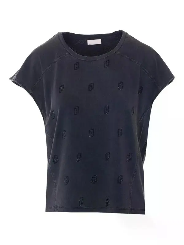 Liu Jo Crewneck T-shirt With All-over Embellished Logo - Black