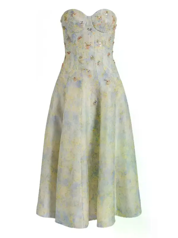 Alberta Ferretti Floral Embellished Strapless Midi Dress - Yellow