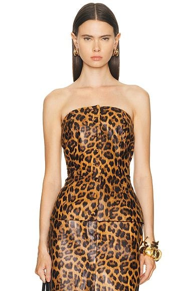 AEXAE Leather Bandeau Peplum Top - Leopard
