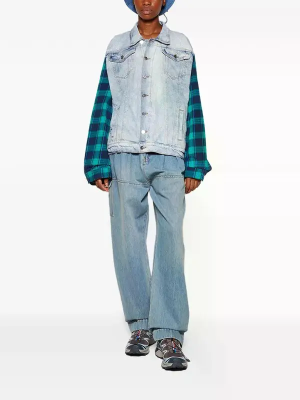 Natasha Zinko Light Wash Denim Jacket With Checked Sleeves