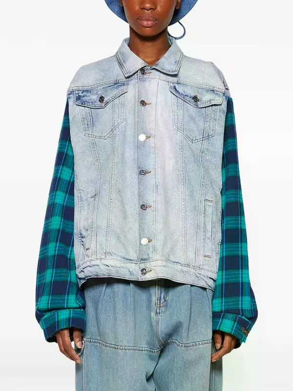 Natasha Zinko Light Wash Denim Jacket With Checked Sleeves