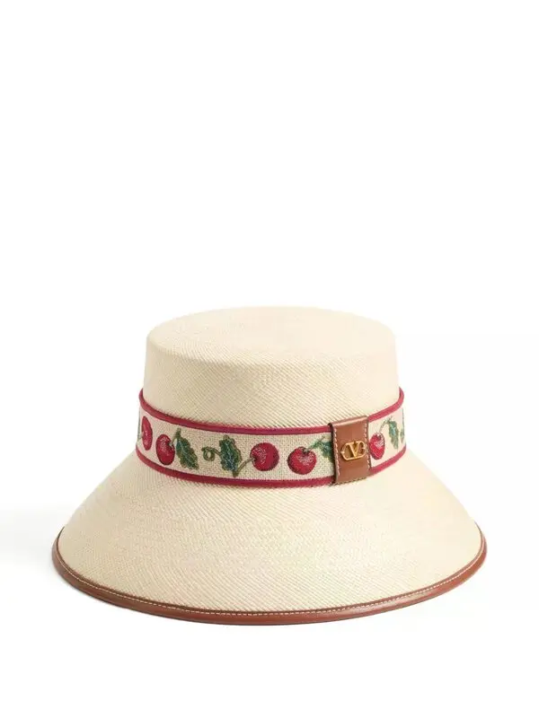 Valentino Garavani Cherryfic Straw Bucket Hat With Leather Trim - Neutrals