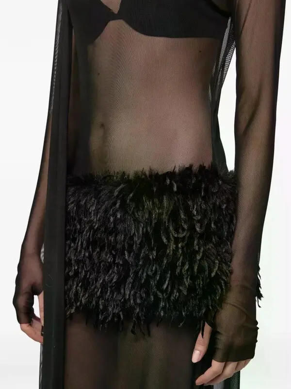 ATU BODY COUTURE Feather Trimmed High Neck Gown - Black