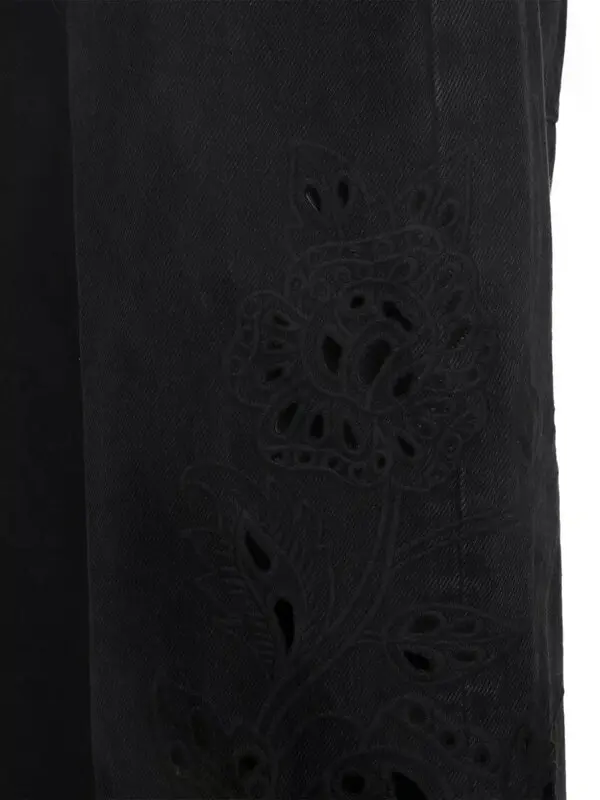 Farm Rio Wide Leg Floral Appliqué Jeans