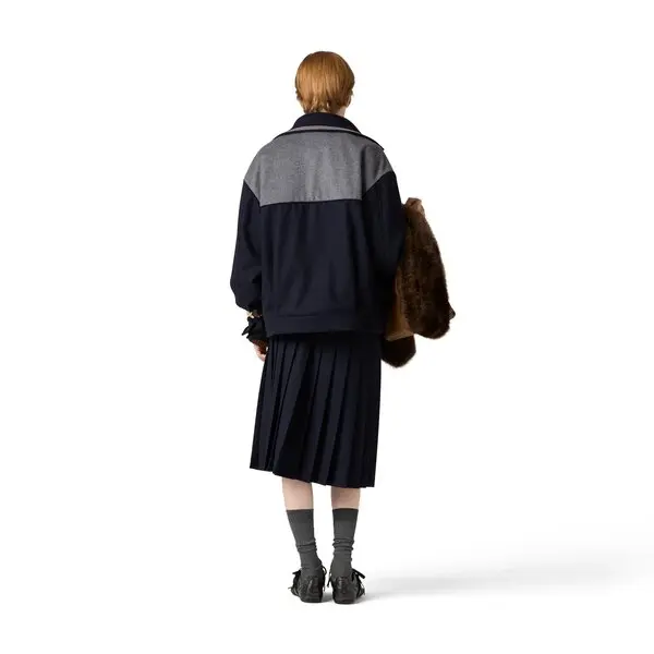 Miu Miu Velour Pleated Midi Skirt With Embroidered Logo - Navy