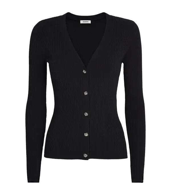 Sandro Ribbed V-neck Cardigan With Metallic Buttons