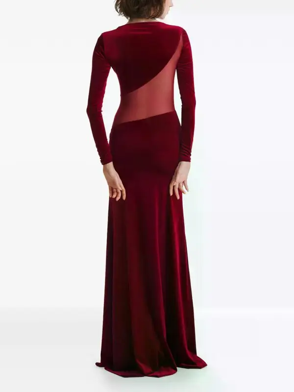 2310 STUDIO Long-sleeve Velvet Maxi Dress With Mesh Detailing - Red