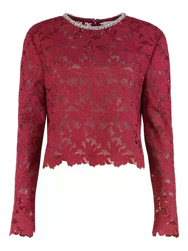 SELF-PORTRAIT Lace Crystal Embellished Top - Red