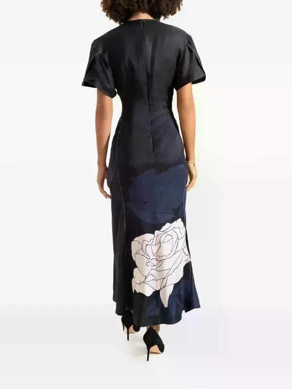 Victoria Beckham Gathered V-neck Floral Print Midi Dress