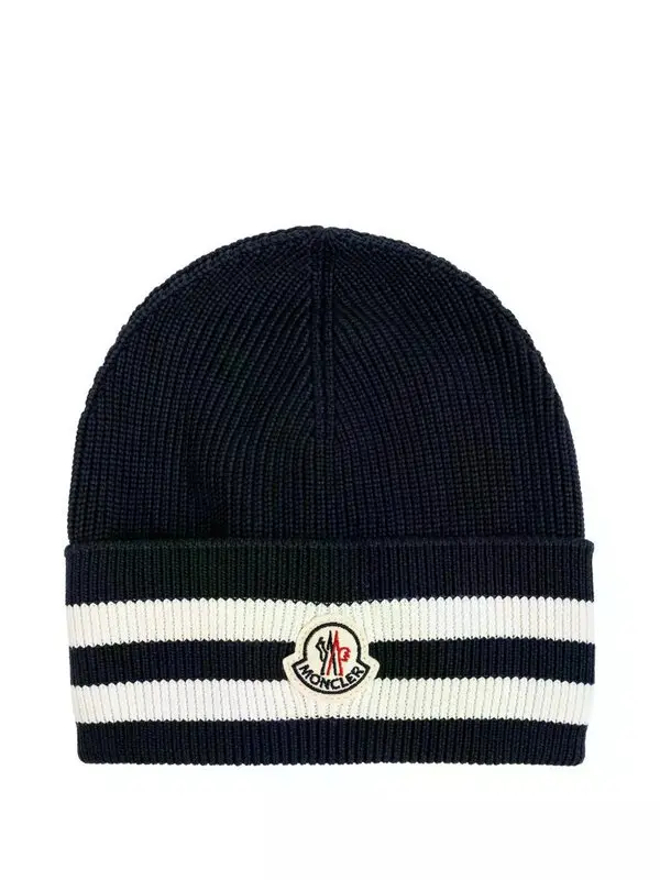 Moncler Striped Beanie Hat With Logo Patch