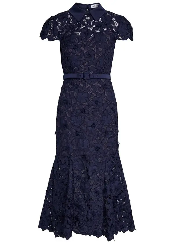 SELF-PORTRAIT Belted Guipure Lace Midi Dress - Navy