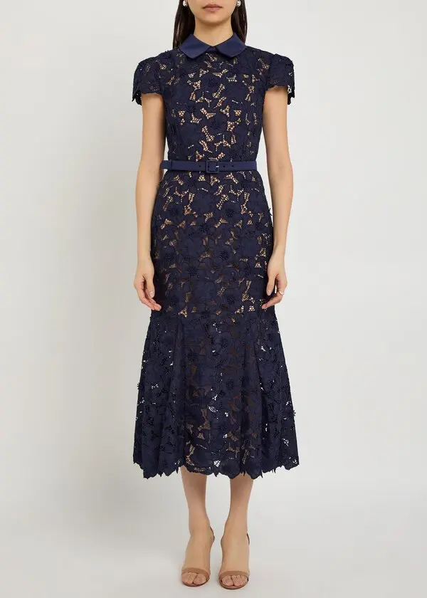 SELF-PORTRAIT Belted Guipure Lace Midi Dress - Navy