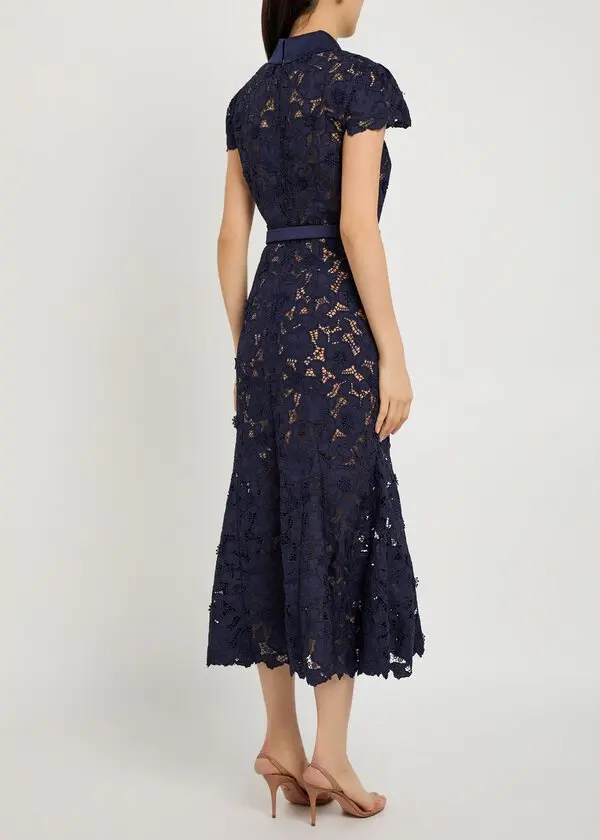 SELF-PORTRAIT Belted Guipure Lace Midi Dress - Navy