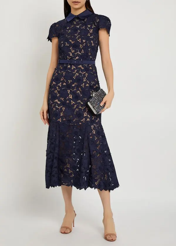 SELF-PORTRAIT Belted Guipure Lace Midi Dress - Navy