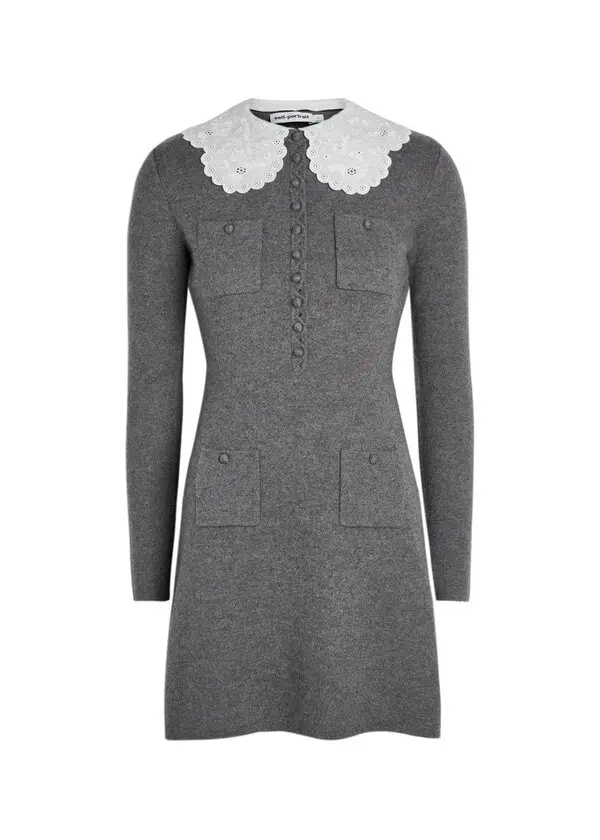 SELF-PORTRAIT Knit Mini Dress With Embroidered Peter Pan Collar