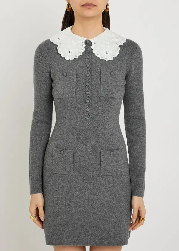 SELF-PORTRAIT Knit Mini Dress With Embroidered Peter Pan Collar