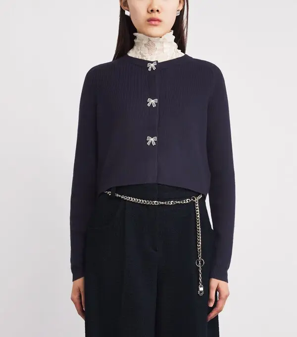Maje Wool Rib-knit Cropped Cardigan With Bow Details - Blue