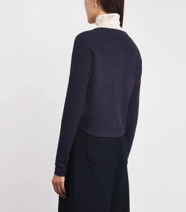 Maje Wool Rib-knit Cropped Cardigan With Bow Details - Blue