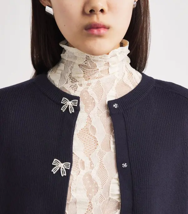 Maje Wool Rib-knit Cropped Cardigan With Bow Details - Blue