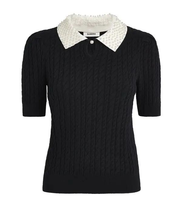 Sandro Cotton-wool Blend Cable-knit Sweater With Pearl Collar