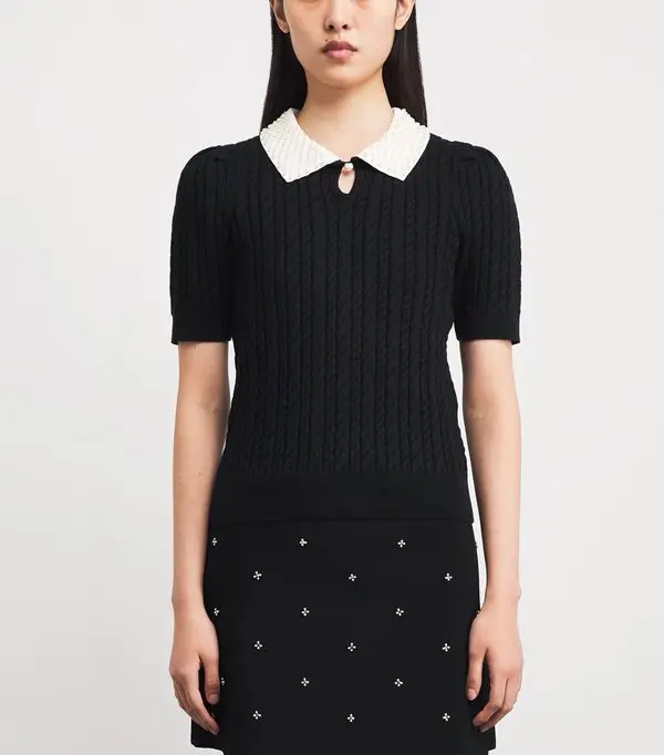 Sandro Cotton-wool Blend Cable-knit Sweater With Pearl Collar