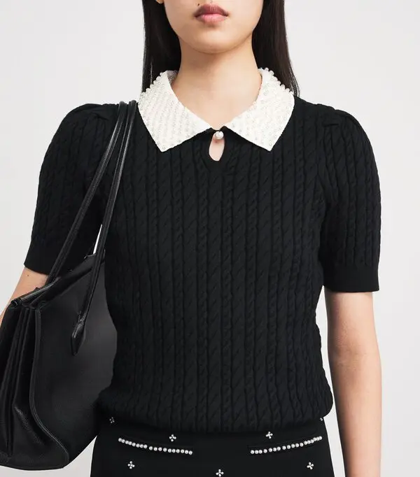 Sandro Cotton-wool Blend Cable-knit Sweater With Pearl Collar