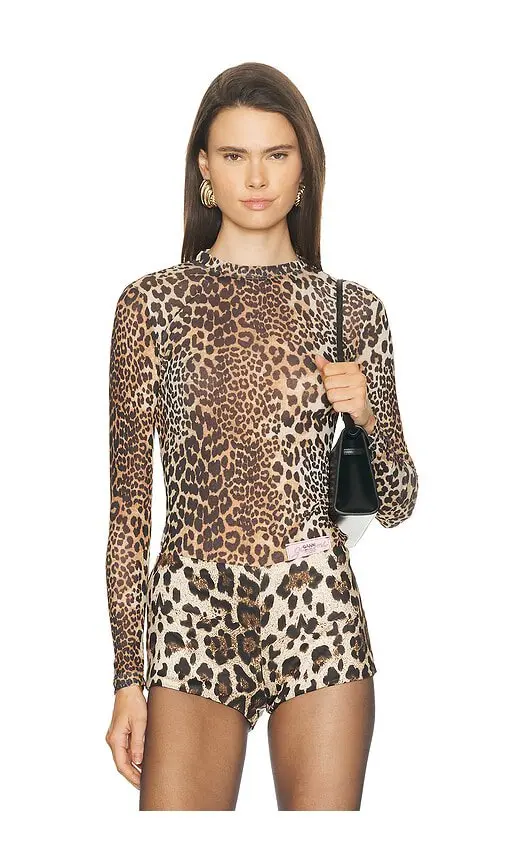 GANNI Printed Marl Mesh Top - Brown