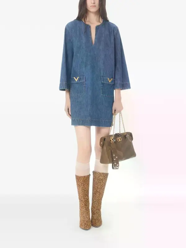 Valentino Garavani Mini Chambray Dress With Logo Detail - Blue