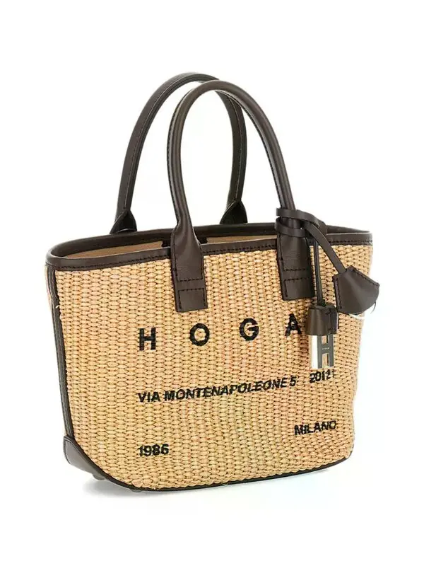 Hogan Embroidered Raffia Tote Bag With Leather Trim