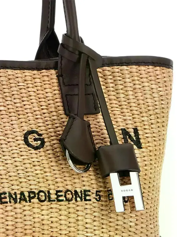Hogan Embroidered Raffia Tote Bag With Leather Trim