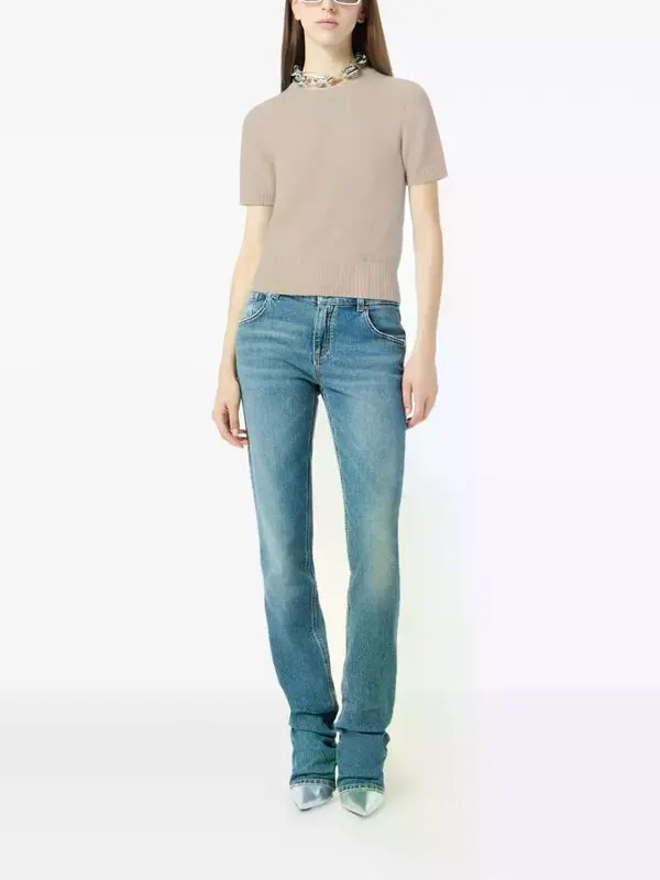 Blumarine Short-sleeve Crewneck Top With Embroidered Logo - Neutrals