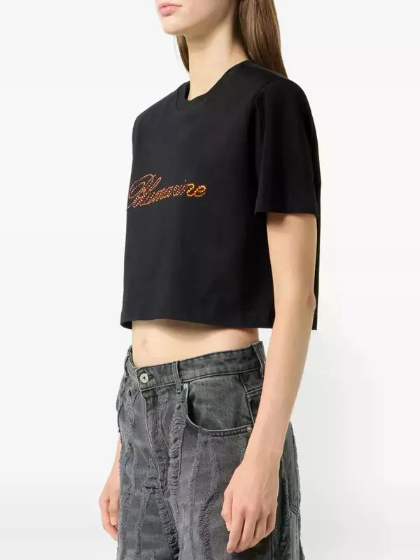 Blumarine Cotton Rhinestone Embellished Cropped T-shirt