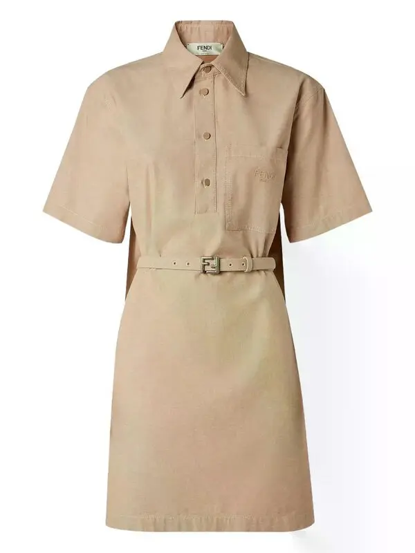 Fendi Belted Mini Shirt Dress With Embroidered Logo