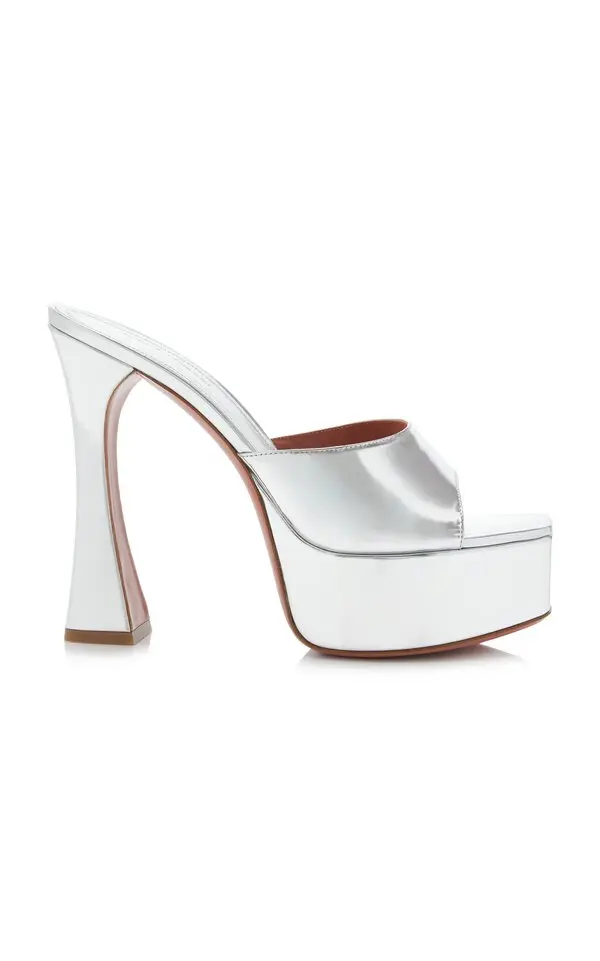 Amina Muaddi Dalida Metallic Leather Platform Mules - Silver