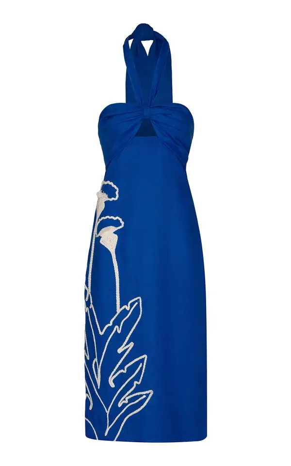 ANDRES OTALORA Inoportuna Embroidered Linen Midi Dress - Blue