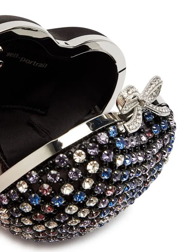 SELF-PORTRAIT Heart Crystal-embellished Satin Clutch - Black
