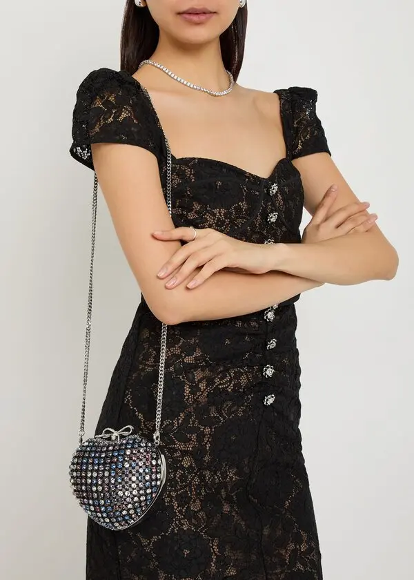 SELF-PORTRAIT Heart Crystal-embellished Satin Clutch - Black