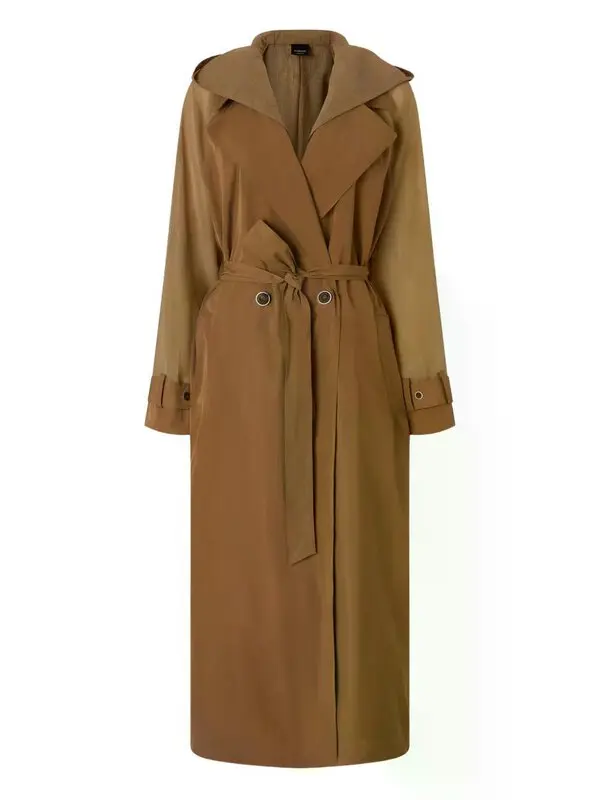 Pinko Long Trench Coat With Sheer Inserts And Detachable Hood