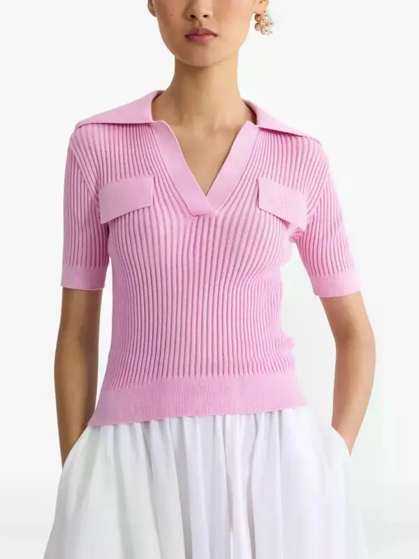 PATOU Ribbed Knit V-neck Top With Embroidered Logo