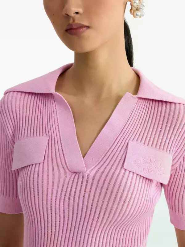 PATOU Ribbed Knit V-neck Top With Embroidered Logo