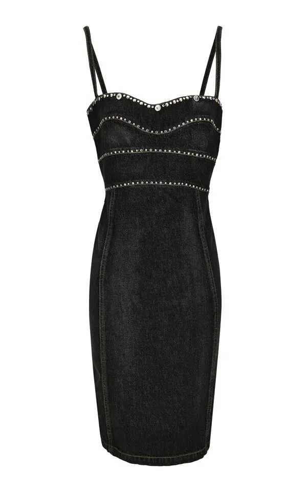 Versace Stone-washed Denim Midi Dress With Medusa Embellishments - Black