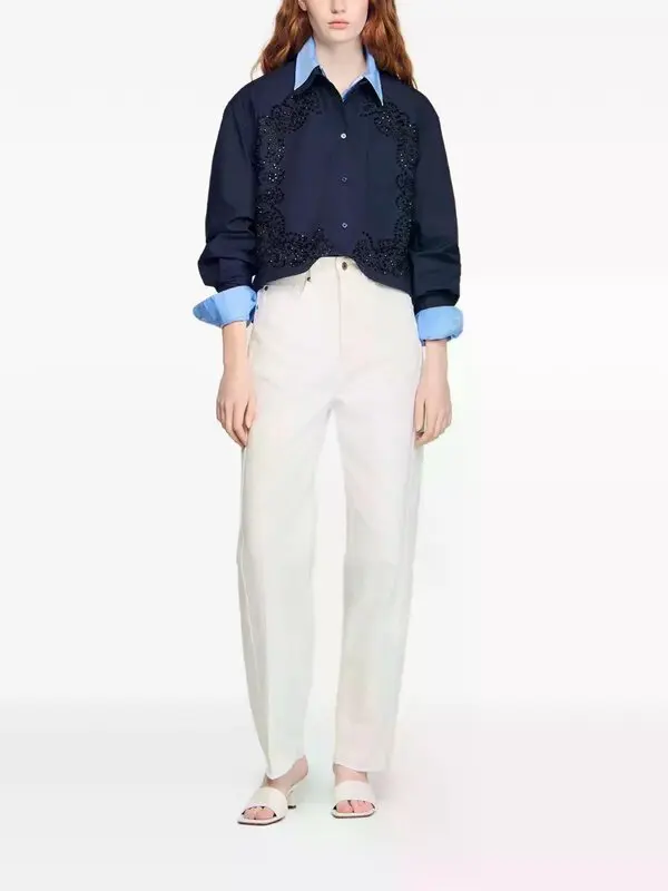 Sandro Embroidered Floral Cotton Blend Shirt